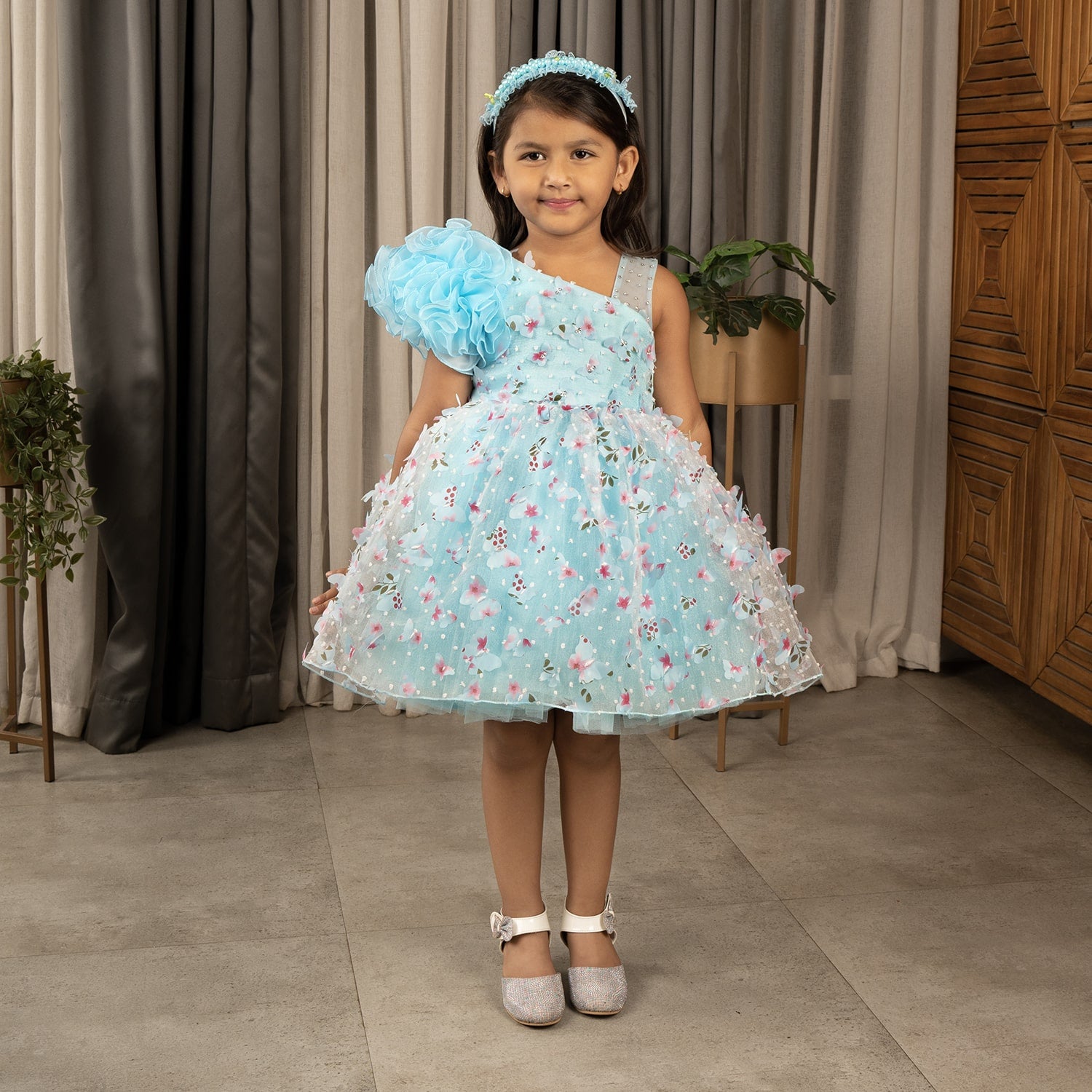 Buy Ministitch one shoulder ruffled Frock with 3D Flowers for Girl-Blue ...
